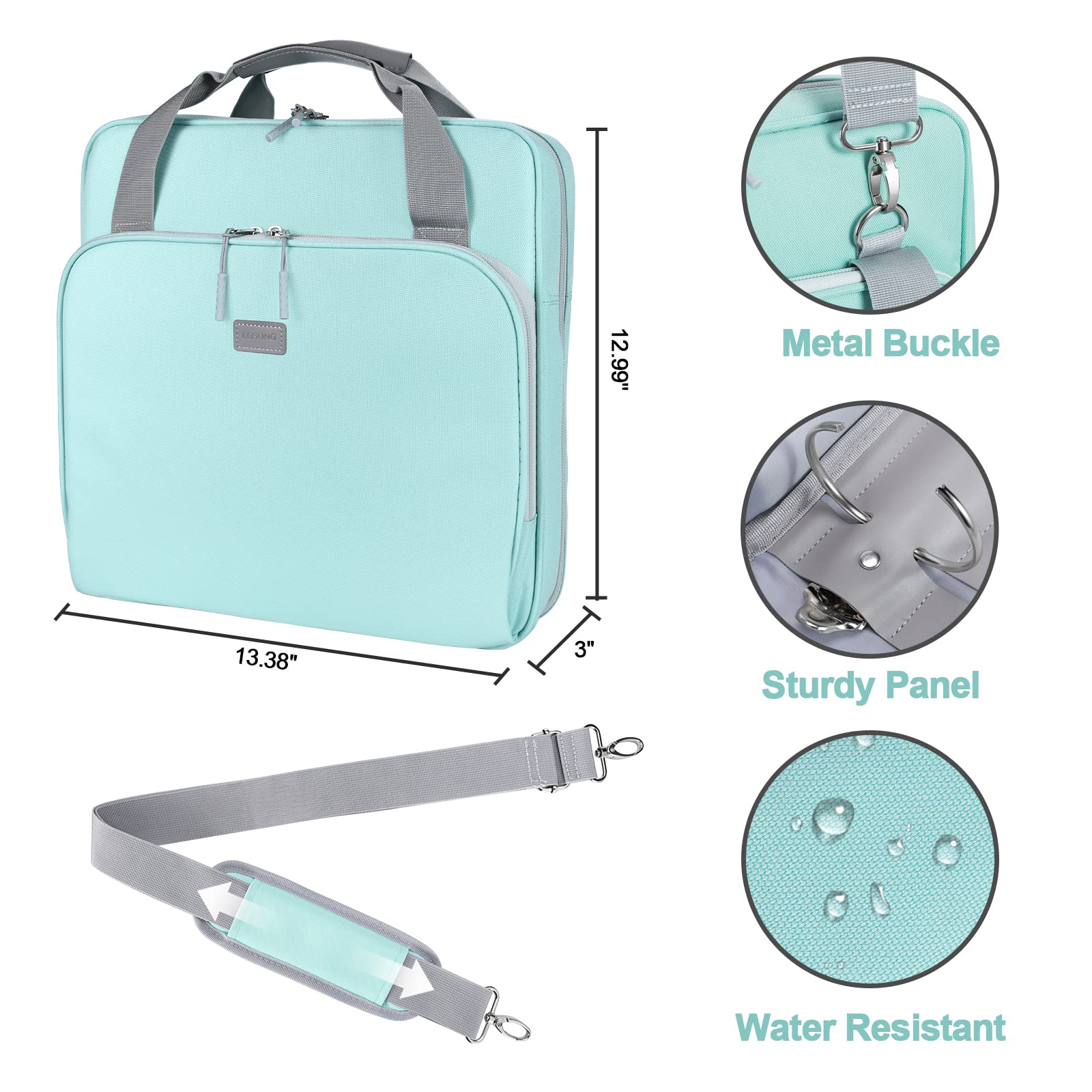 Losong 3 Ring Zipper Binder 2 Inch with Shoulder Strap 500 Sheet Capacity & Multi-Pockets for School and Office Binder Organizer, Compatible with 13-Inch MacBook/Tablet (Patent Design Light Blue)
