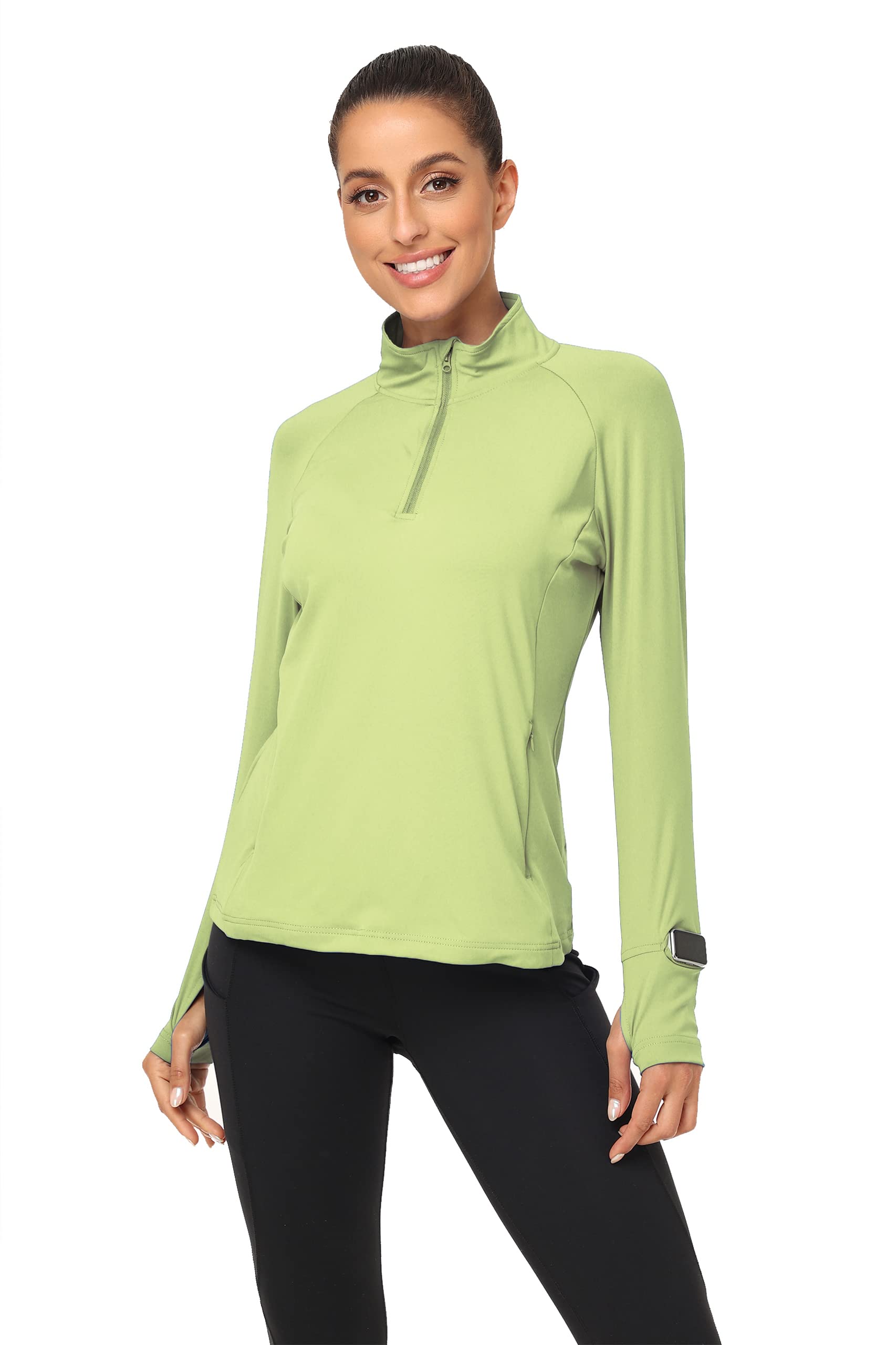 CUNYI Womens UPF 50+ Sun Protection Long Sleeve Quarter Zip Pullover Quick Dry Hiking Shirts with Zipper Pockets Workout Tops, Light Green, XXL