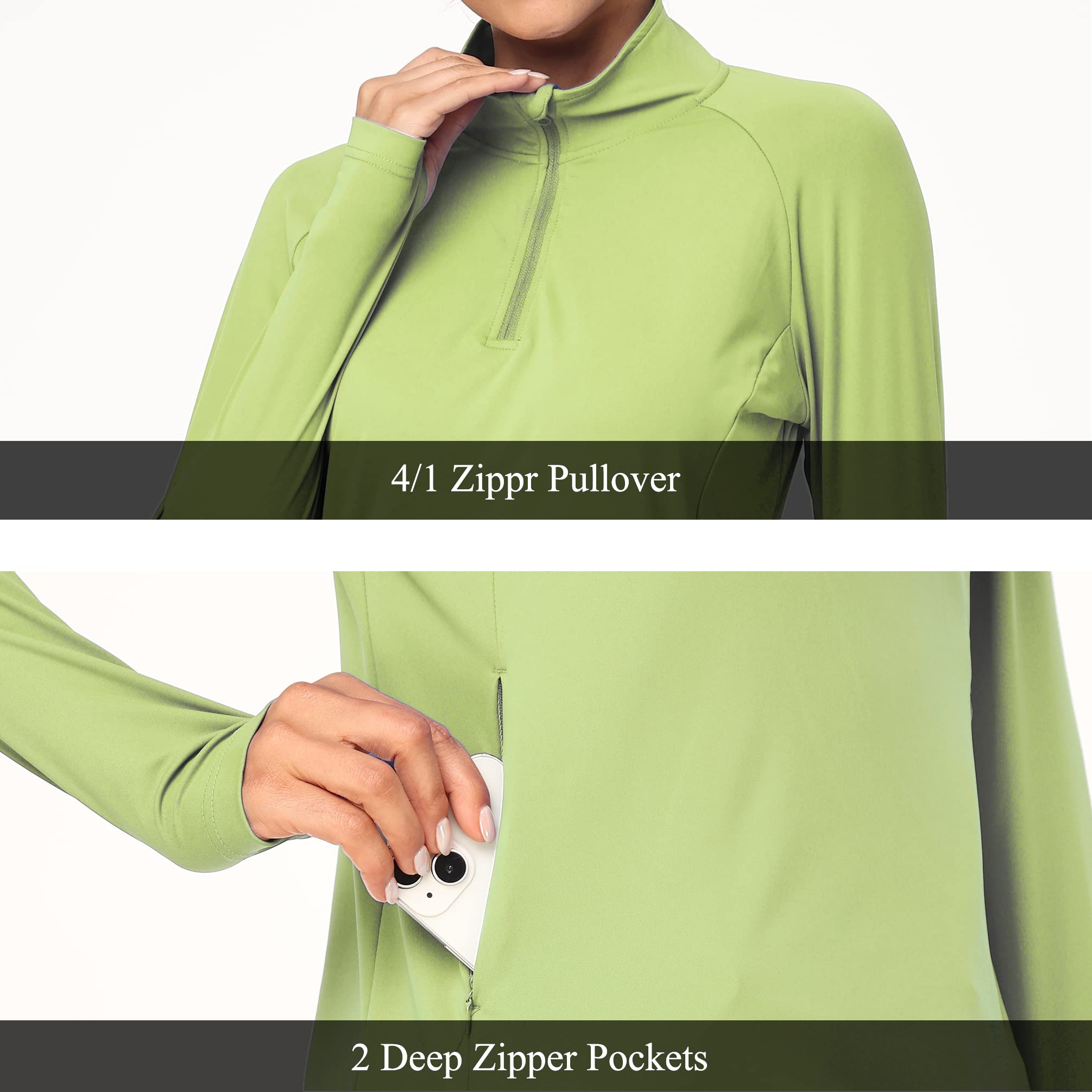 CUNYI Womens UPF 50+ Sun Protection Long Sleeve Quarter Zip Pullover Quick Dry Hiking Shirts with Zipper Pockets Workout Tops, Light Green, XXL