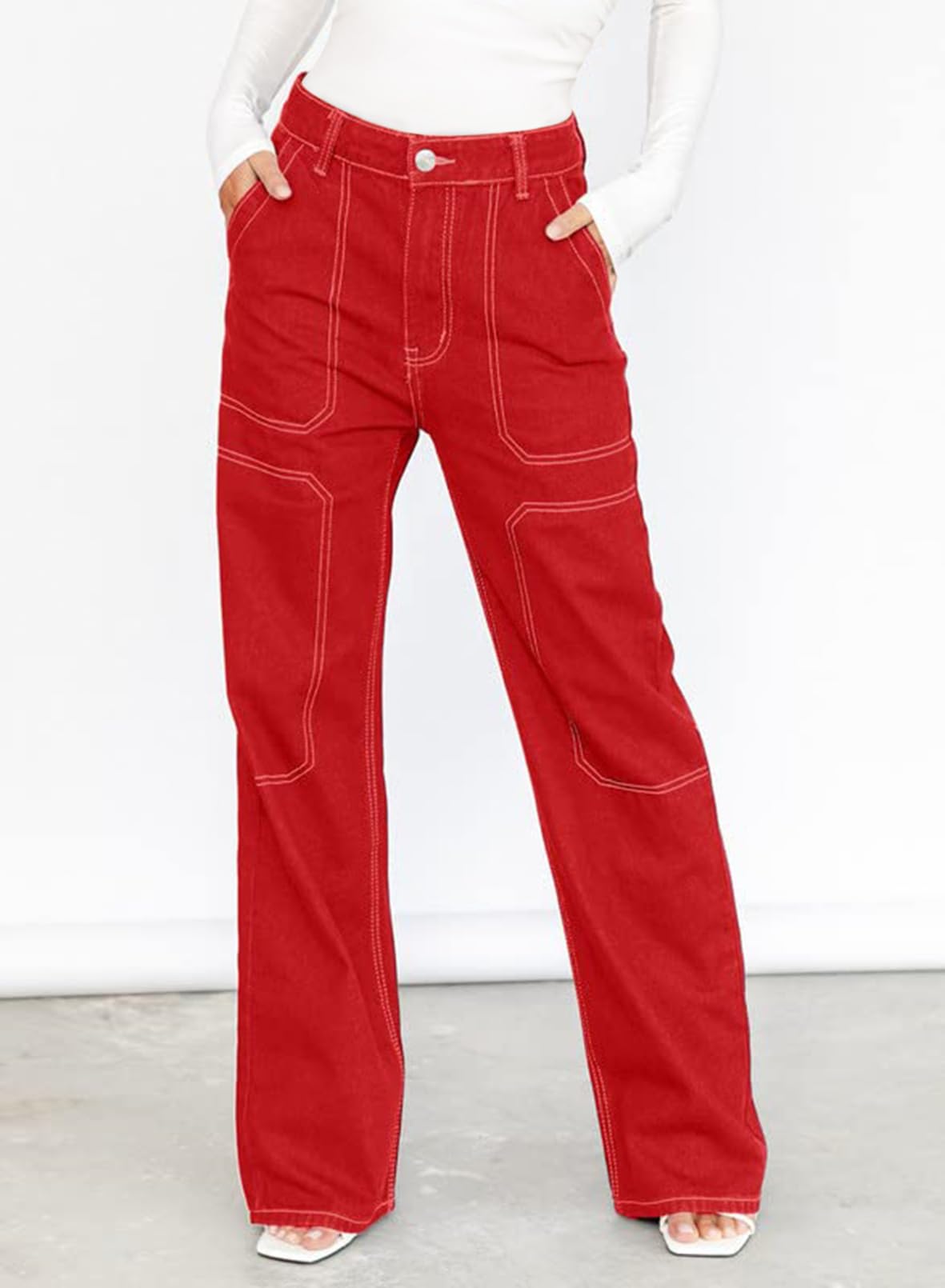 Dokotoo Wide Leg Jeans for Women Casual High Waisted Cargo Jeans Denim Pants Red Size 12