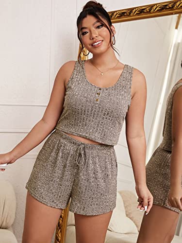 WDIRARA Women's Plus Size Sleepwear Button Sleeveless Tank Top and Shorts Rib Knit Pajama Set Khaki 4XL