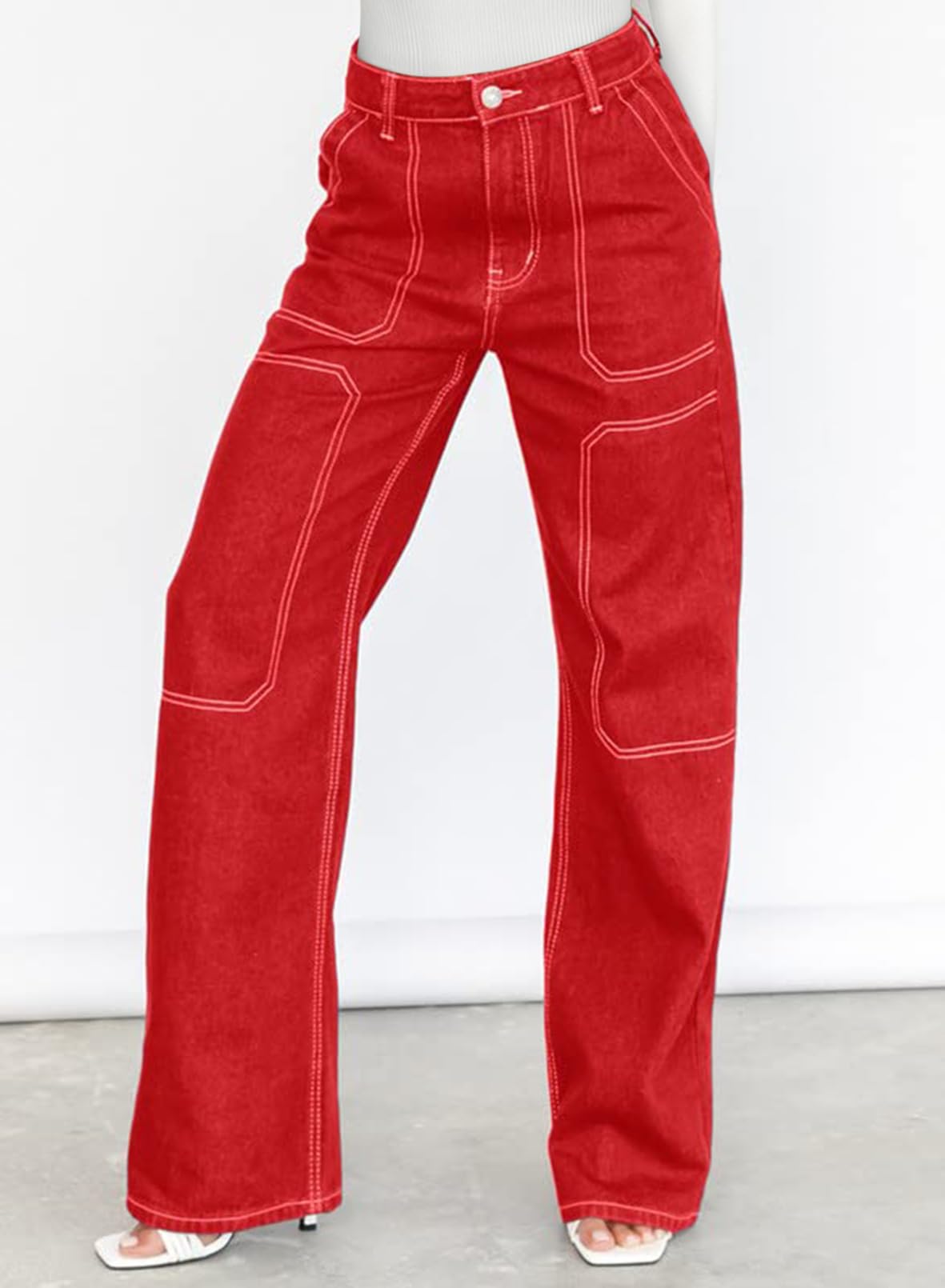 Dokotoo Wide Leg Jeans for Women Casual High Waisted Cargo Jeans Denim Pants Red Size 12