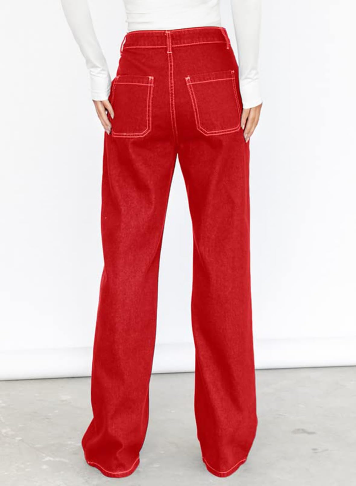 Dokotoo Wide Leg Jeans for Women Casual High Waisted Cargo Jeans Denim Pants Red Size 12