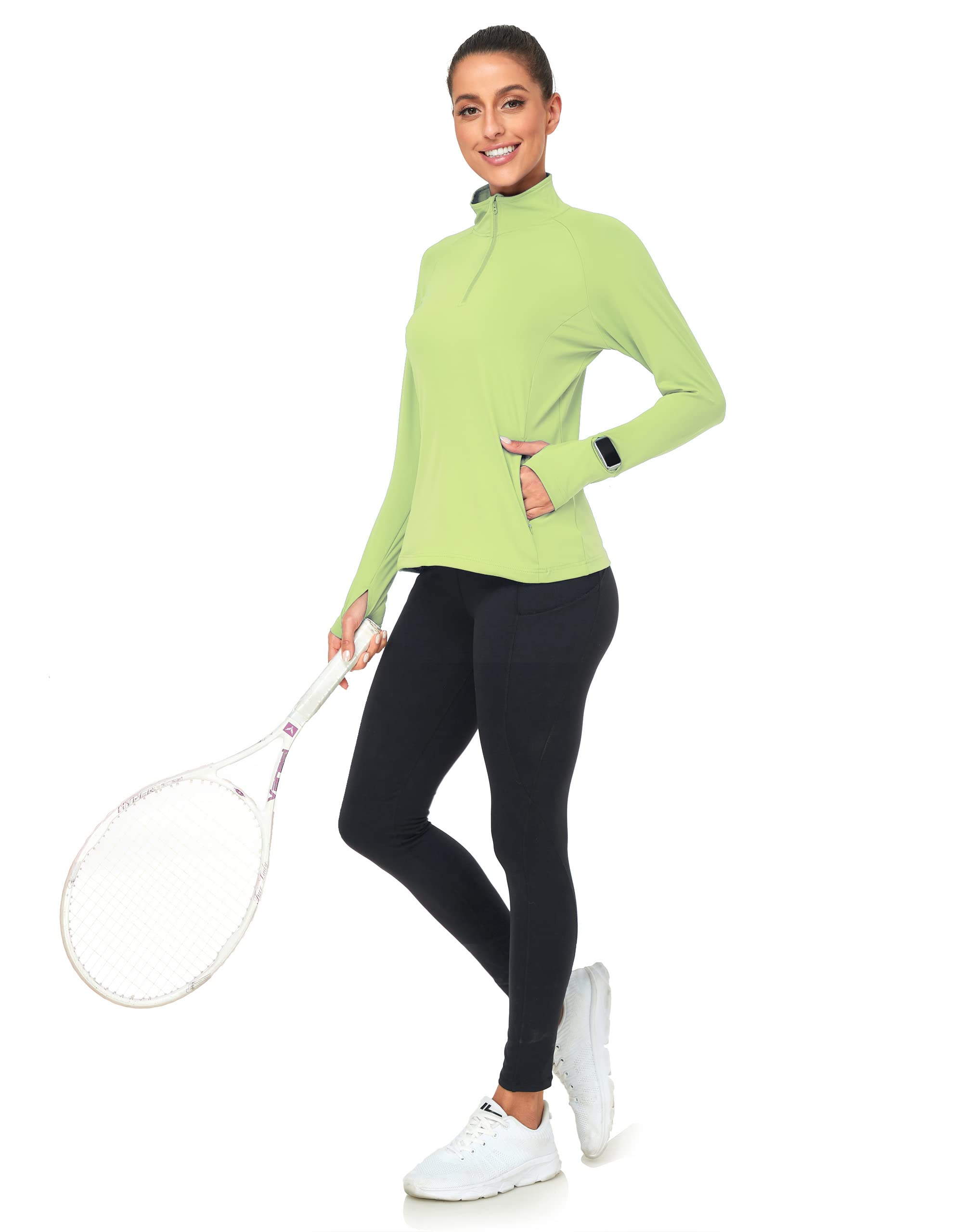 CUNYI Womens UPF 50+ Sun Protection Long Sleeve Quarter Zip Pullover Quick Dry Hiking Shirts with Zipper Pockets Workout Tops, Light Green, XXL