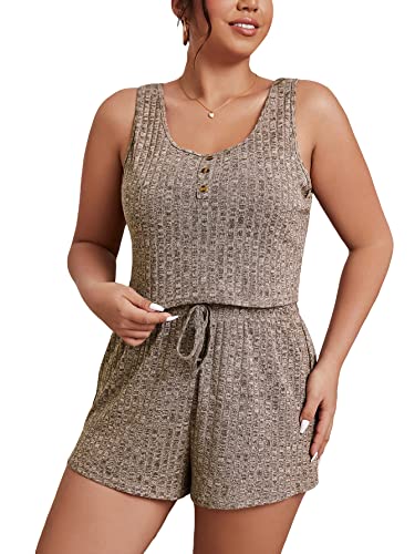 WDIRARA Women's Plus Size Sleepwear Button Sleeveless Tank Top and Shorts Rib Knit Pajama Set Khaki 4XL