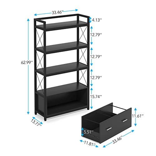 LITTLE TREE Freestanding Lateral File Cabinet with Drawer, Filiing Cabients with Shelves, Black