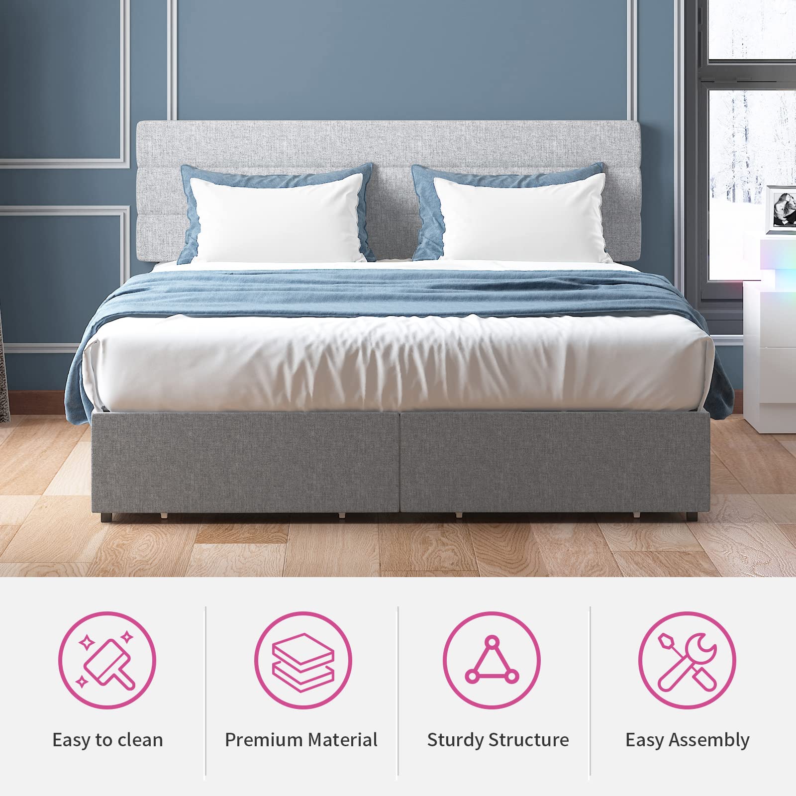 Mixoy Cal King Bed Frame with 2 Storage Drawers. Upholstered Platform Bed with Cotton Linen headboard,Wood Slat Support,Footboard with Drawer.No Box Spring Needed/Easy Assembly(Cal King,Light Grey)