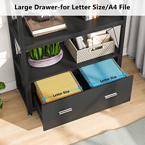 LITTLE TREE Freestanding Lateral File Cabinet with Drawer, Filiing Cabients with Shelves, Black