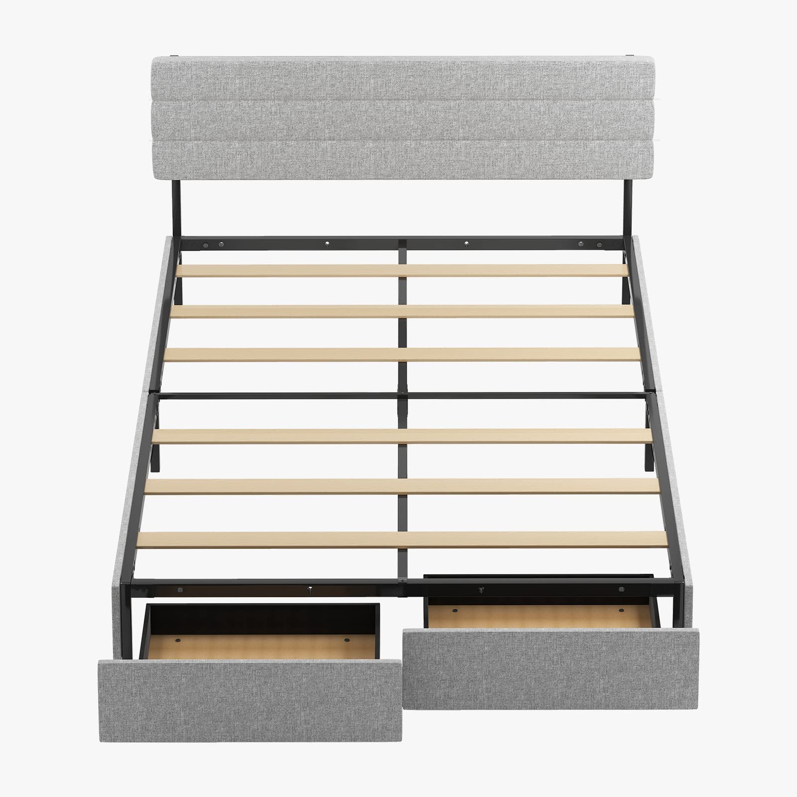 Mixoy Cal King Bed Frame with 2 Storage Drawers. Upholstered Platform Bed with Cotton Linen headboard,Wood Slat Support,Footboard with Drawer.No Box Spring Needed/Easy Assembly(Cal King,Light Grey)