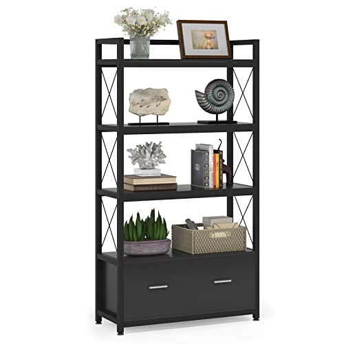 LITTLE TREE Freestanding Lateral File Cabinet with Drawer, Filiing Cabients with Shelves, Black