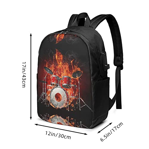 AMRANDOM School Backpack Book Bag Rock Roll Drums Flame Drummer Skull Supplies For College Students Travel Laptop Backpack With One Size