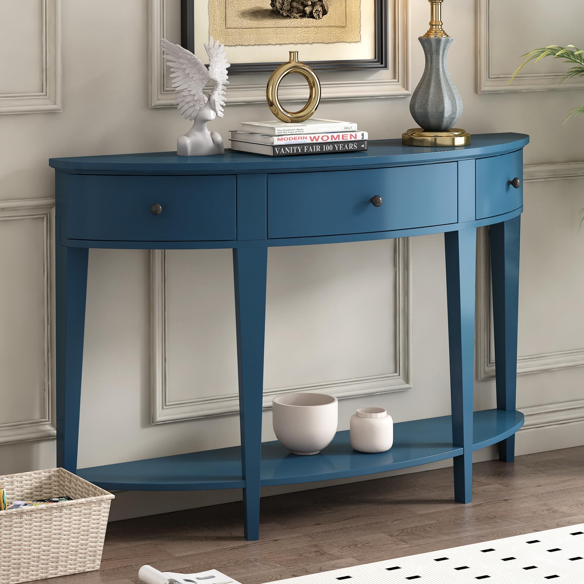 Modern Curved Console Table Sofa Table with 3 Drawers and Bottom Shelf, Wood Buffet Sideboard Accent Storage Cabinet for Hallway Entryway Living Room (Navy Blue 006)
