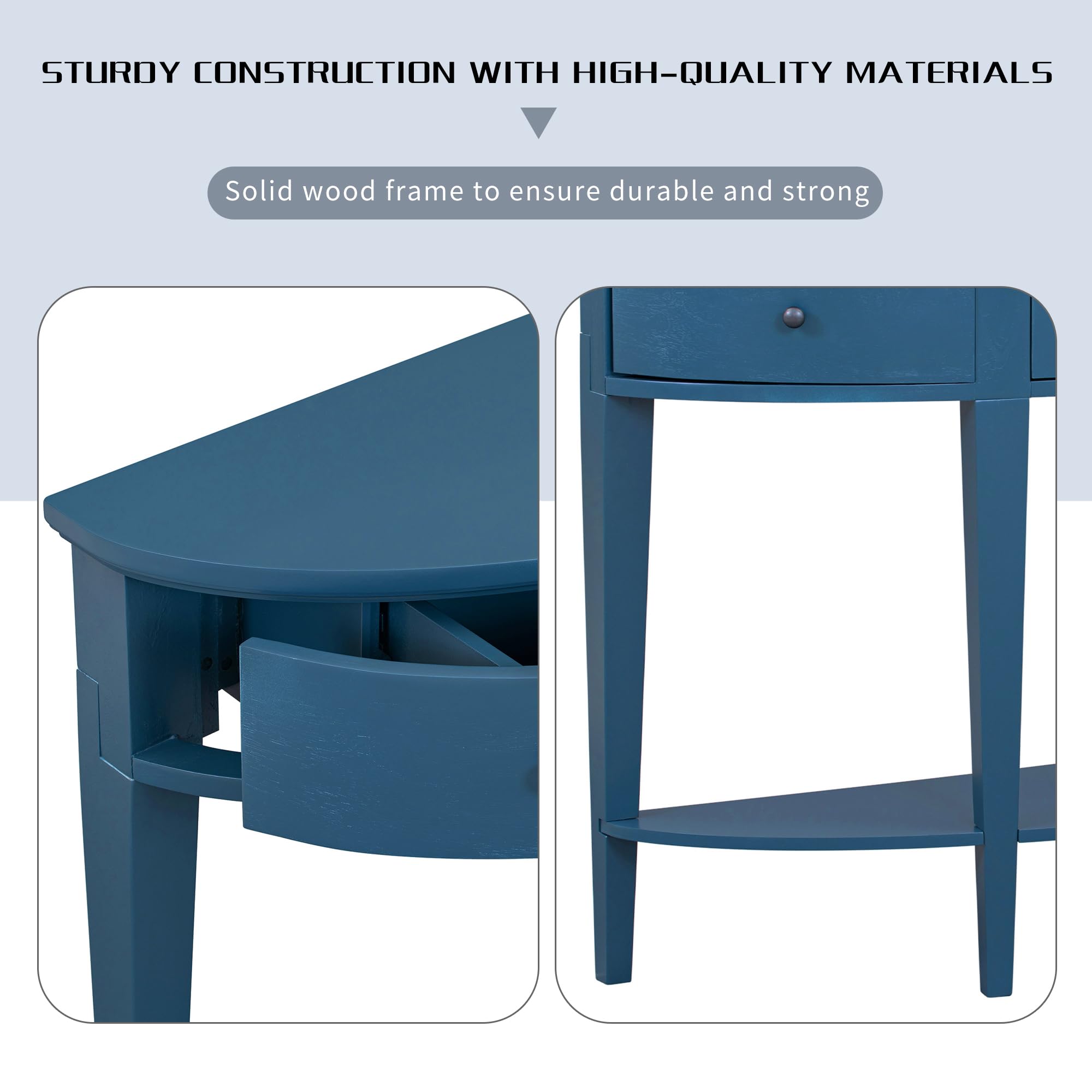 Modern Curved Console Table Sofa Table with 3 Drawers and Bottom Shelf, Wood Buffet Sideboard Accent Storage Cabinet for Hallway Entryway Living Room (Navy Blue 006)