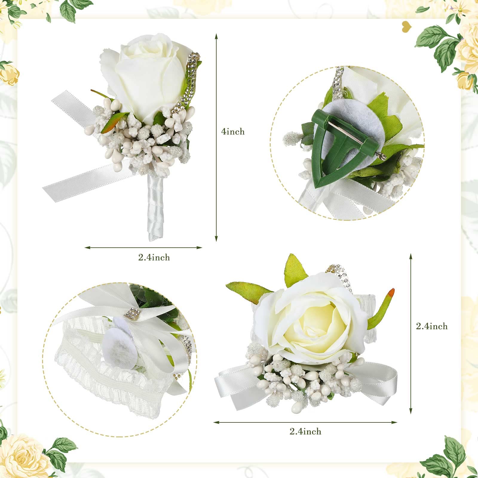 Geosar 12 Pcs Wedding White Corsage and Boutonniere Set for Bride, Bridesmaid, Includes 6 Artificial Corsage Wristlet and 6 Boutonniere for Men Wedding Wrist Corsage Rose Prom Suit Decorations