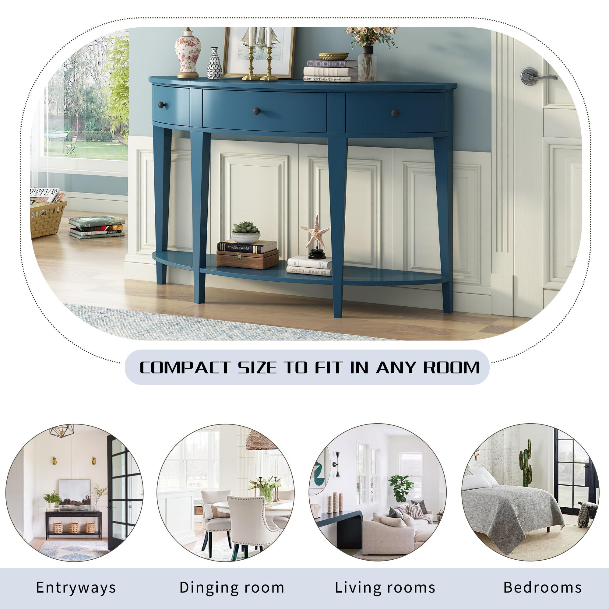 Modern Curved Console Table Sofa Table with 3 Drawers and Bottom Shelf, Wood Buffet Sideboard Accent Storage Cabinet for Hallway Entryway Living Room (Navy Blue 006)