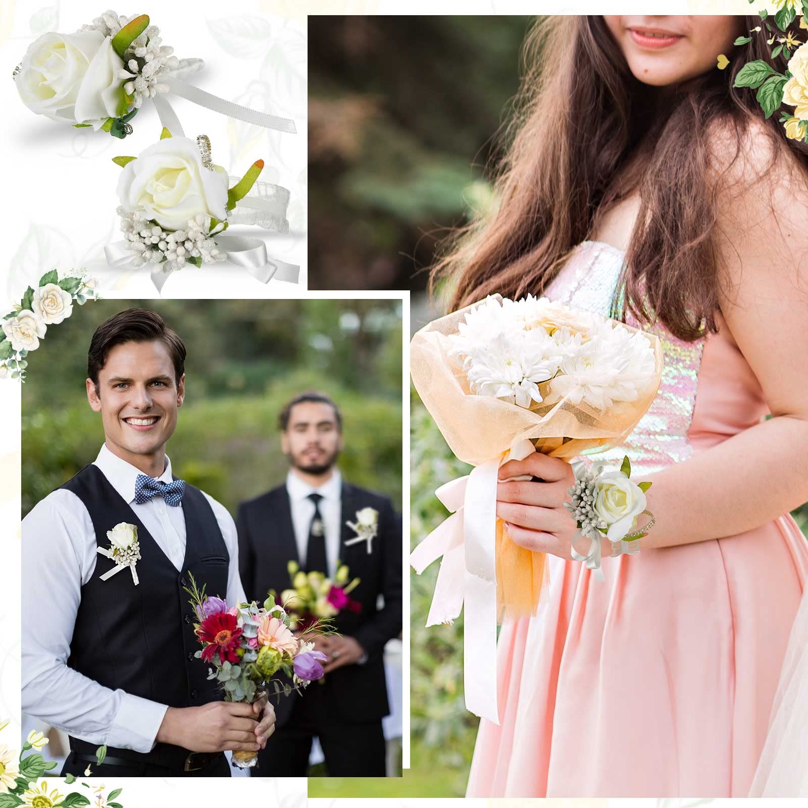 Geosar 12 Pcs Wedding White Corsage and Boutonniere Set for Bride, Bridesmaid, Includes 6 Artificial Corsage Wristlet and 6 Boutonniere for Men Wedding Wrist Corsage Rose Prom Suit Decorations