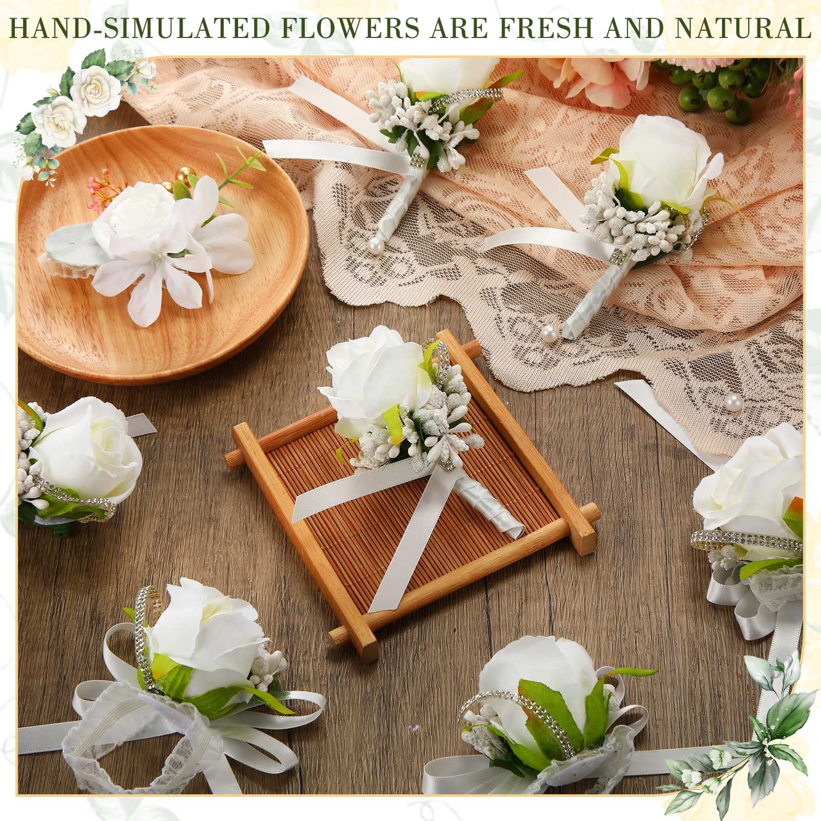Geosar 12 Pcs Wedding White Corsage and Boutonniere Set for Bride, Bridesmaid, Includes 6 Artificial Corsage Wristlet and 6 Boutonniere for Men Wedding Wrist Corsage Rose Prom Suit Decorations