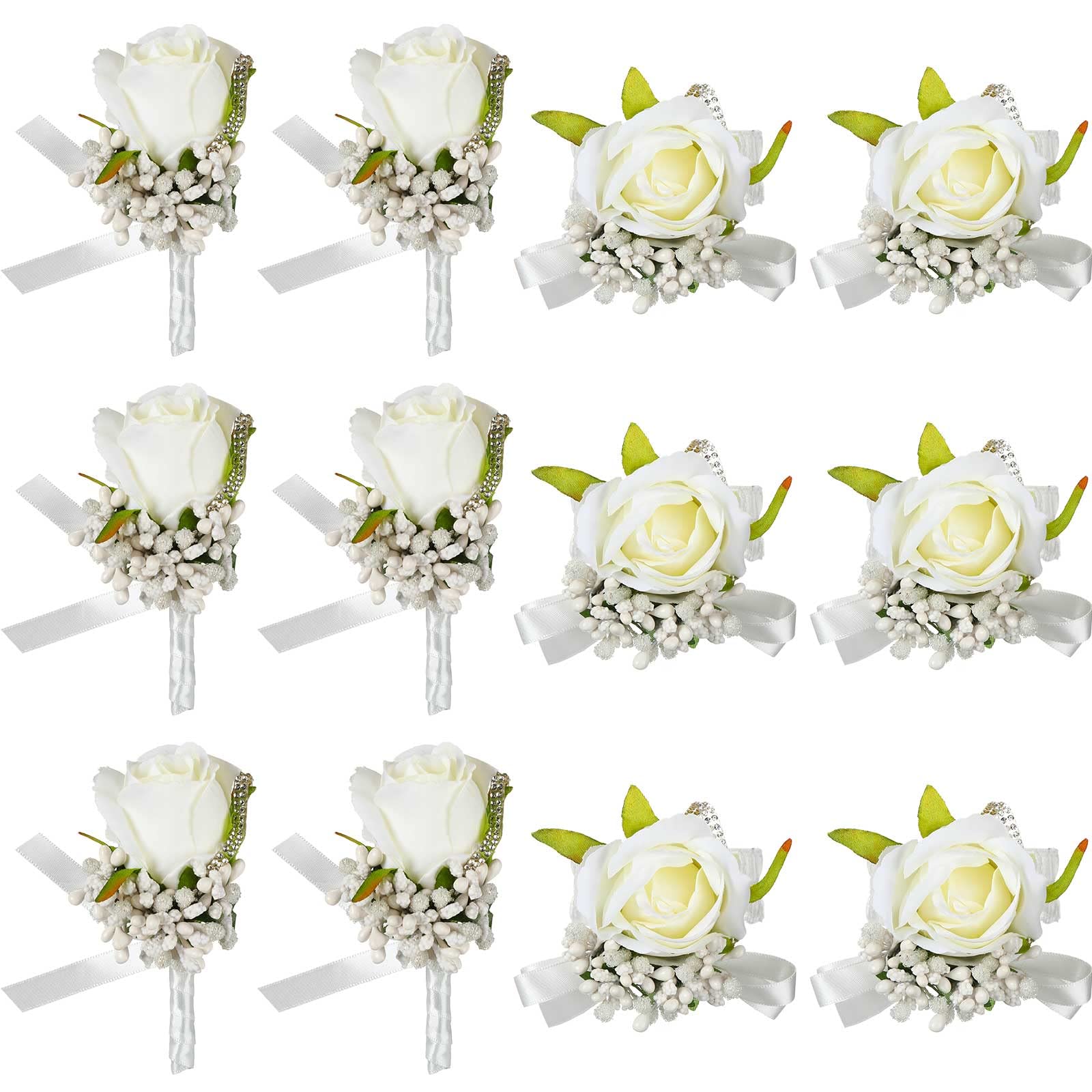 Geosar 12 Pcs Wedding White Corsage and Boutonniere Set for Bride, Bridesmaid, Includes 6 Artificial Corsage Wristlet and 6 Boutonniere for Men Wedding Wrist Corsage Rose Prom Suit Decorations