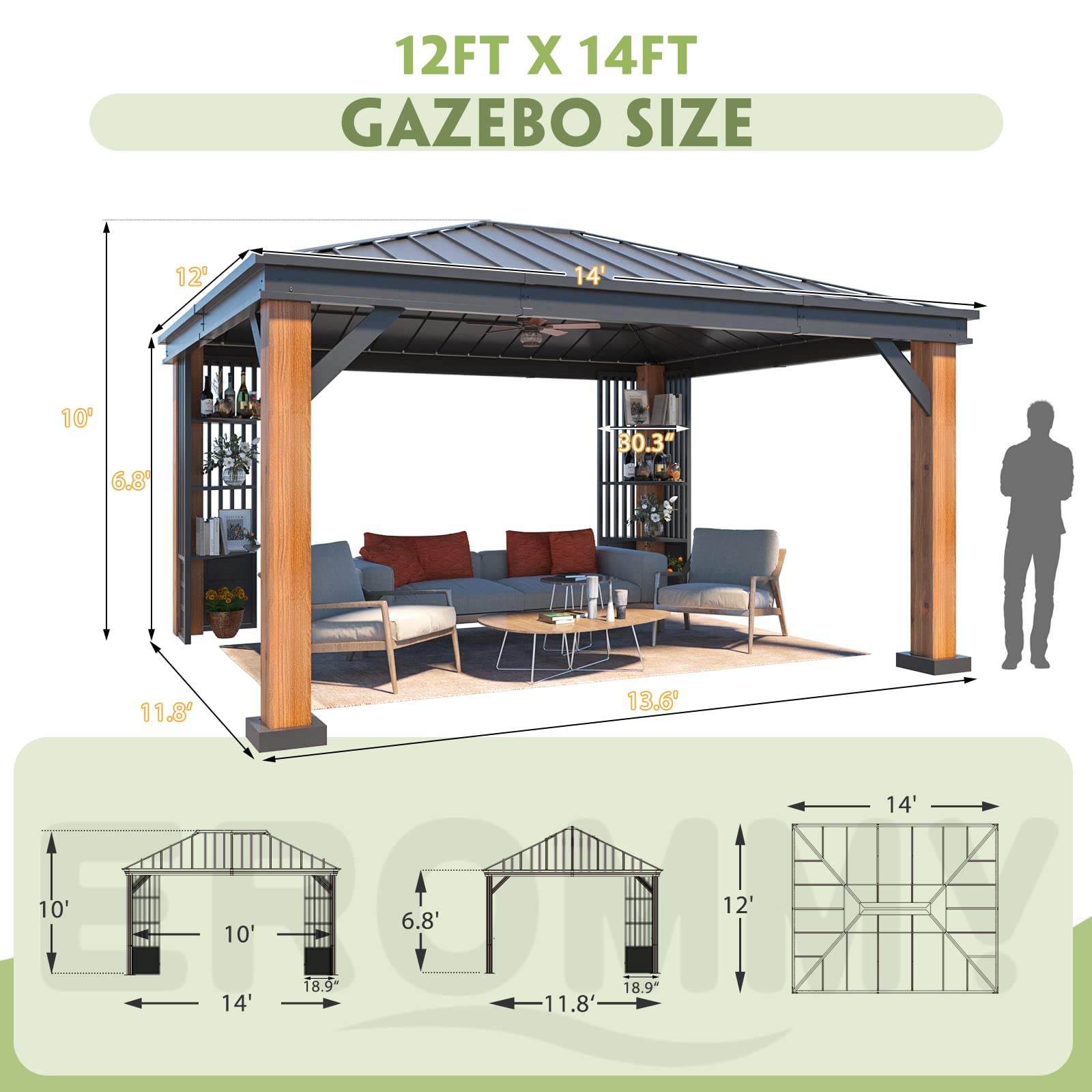 EROMMY 12'x14' Hardtop Gazebo, Galvanized Steel Top with Wood Grain Aluminum Frame, Permanent Metal Pavilion with Three-Layer Storage Shelves for Patio, Backyard, Deck and Lawns