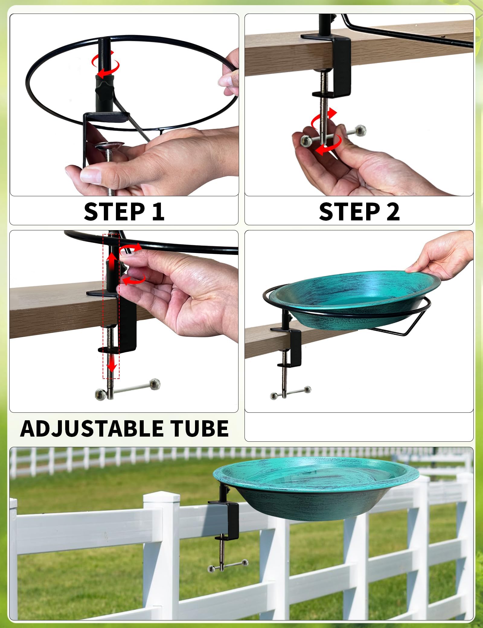 Deck Mounted Bird Bath for Outside, Detachable Birdbath Bowl with Sturdy Clamp, Easy Setup Outdoor Bird Feeder for Garden Patio Lawn Yard Decoration