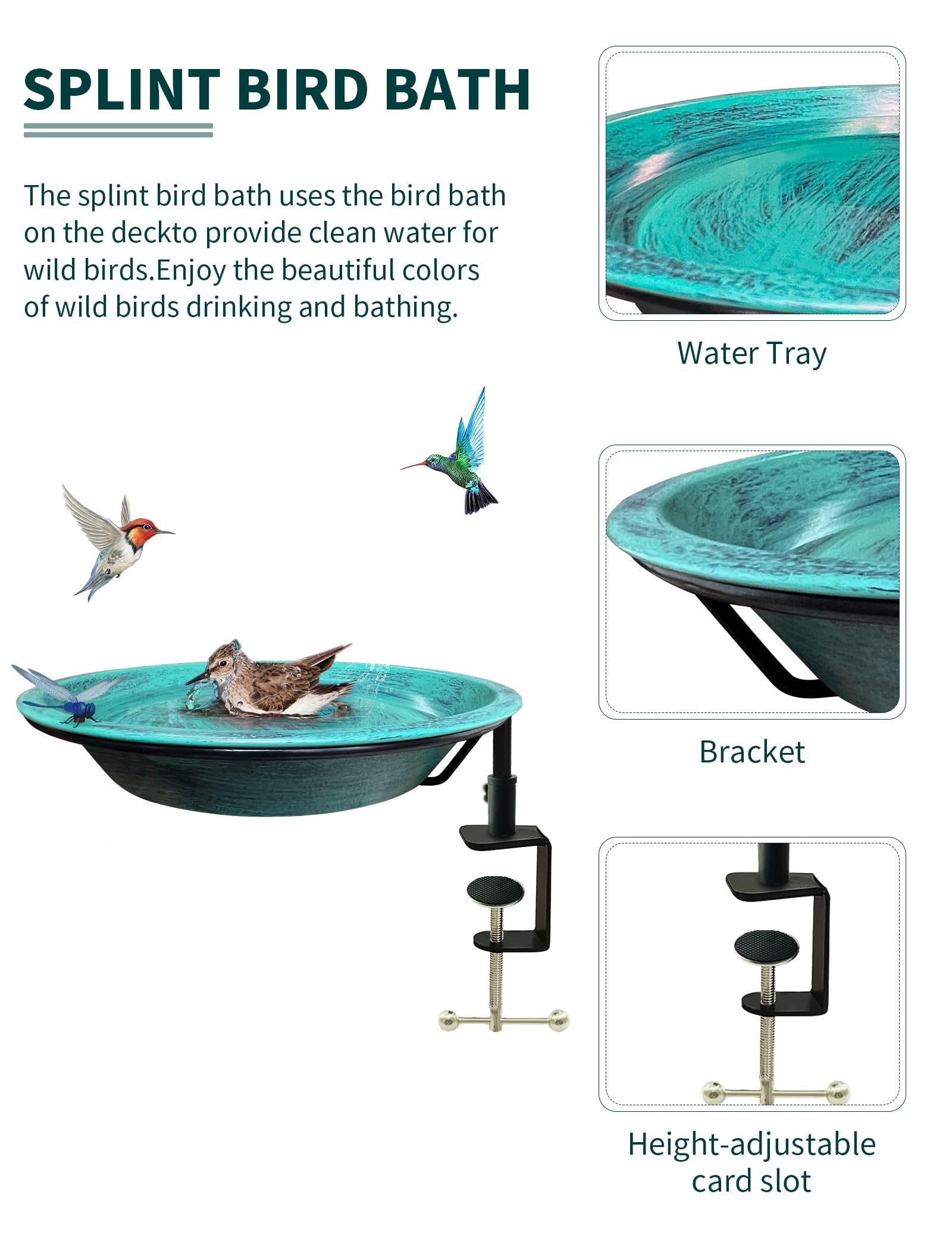 Deck Mounted Bird Bath for Outside, Detachable Birdbath Bowl with Sturdy Clamp, Easy Setup Outdoor Bird Feeder for Garden Patio Lawn Yard Decoration