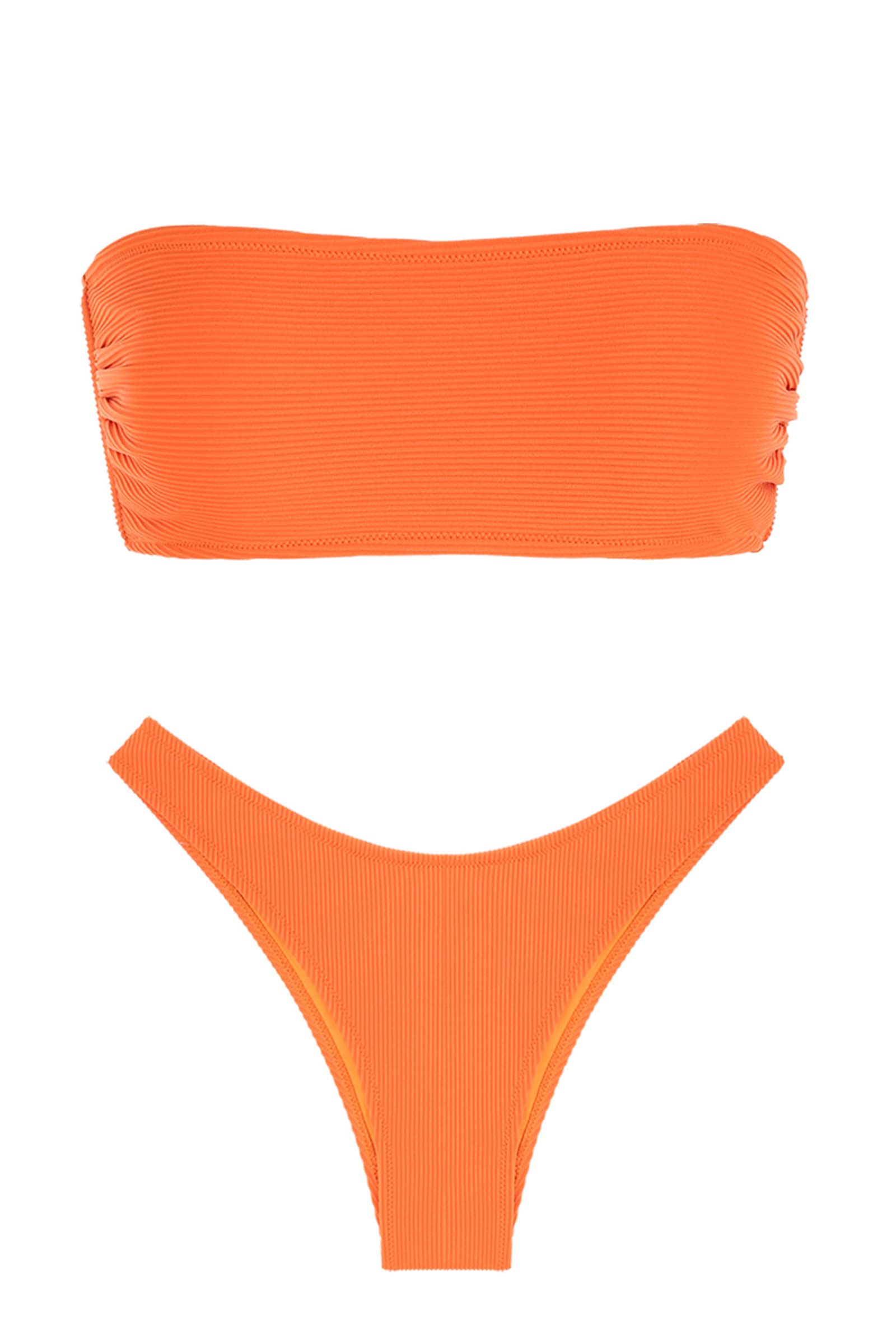 ZAFUL Women Strapless Textured Bandeau Bikini 2 Piece Swimwear Cheeky Solid Lace up Bathing Suits(0-Orange,M)