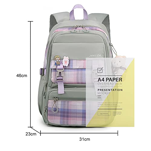 Aesthetic Backpack for School, Cute Girls Preppy Book Bag, Kawaii Large Capacity Middle School Plaid Backpack for Teenagers (Grey)