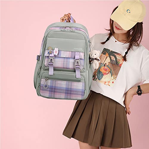 Aesthetic Backpack for School, Cute Girls Preppy Book Bag, Kawaii Large Capacity Middle School Plaid Backpack for Teenagers (Grey)