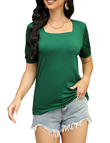 BeautyNee Lace Short Sleeve Tops for Women Trendy Fashion Square Neck Shirts Blouses Green S