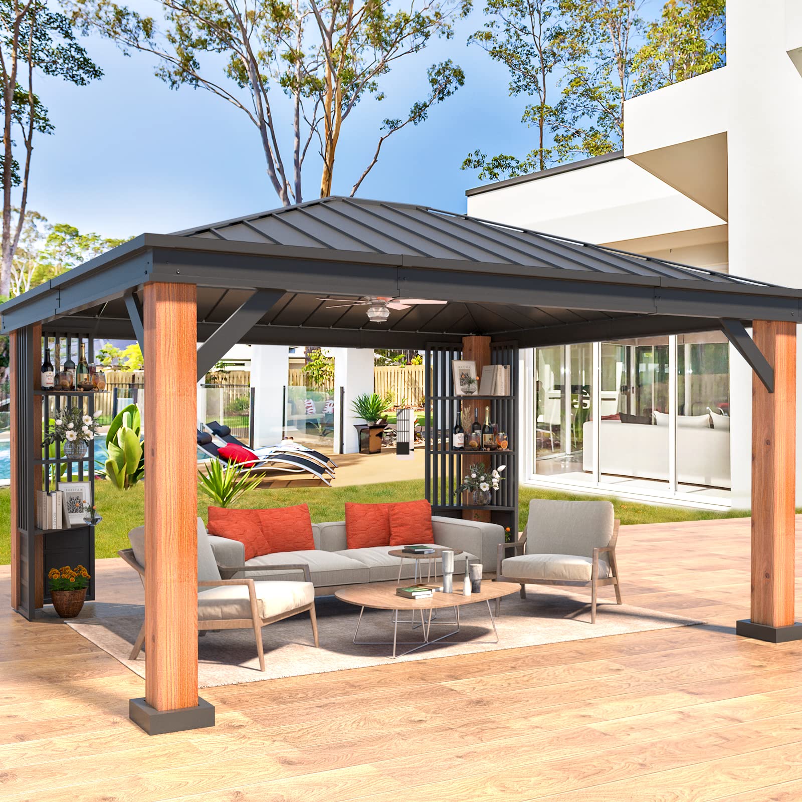 EROMMY 12'x14' Hardtop Gazebo, Galvanized Steel Top with Wood Grain Aluminum Frame, Permanent Metal Pavilion with Three-Layer Storage Shelves for Patio, Backyard, Deck and Lawns