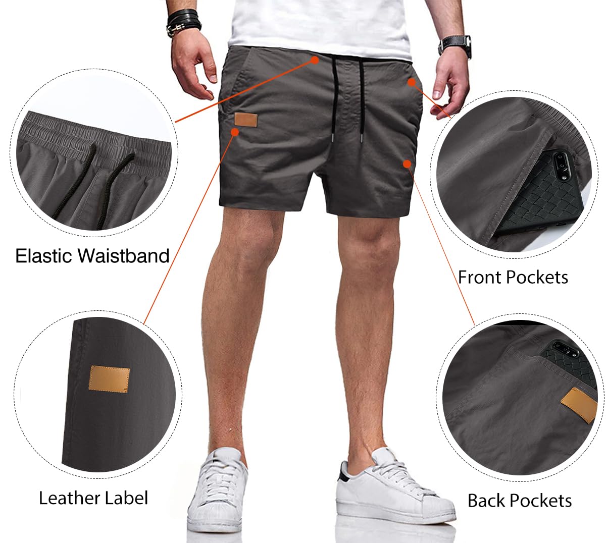 JMIERR Mens Casual Shorts - Cotton Linen Drawstring Summer Beach Stretch Twill Chino Golf Dress Shorts Shorts with Pockets Elastic Waist, 2XL, A1 Grey2