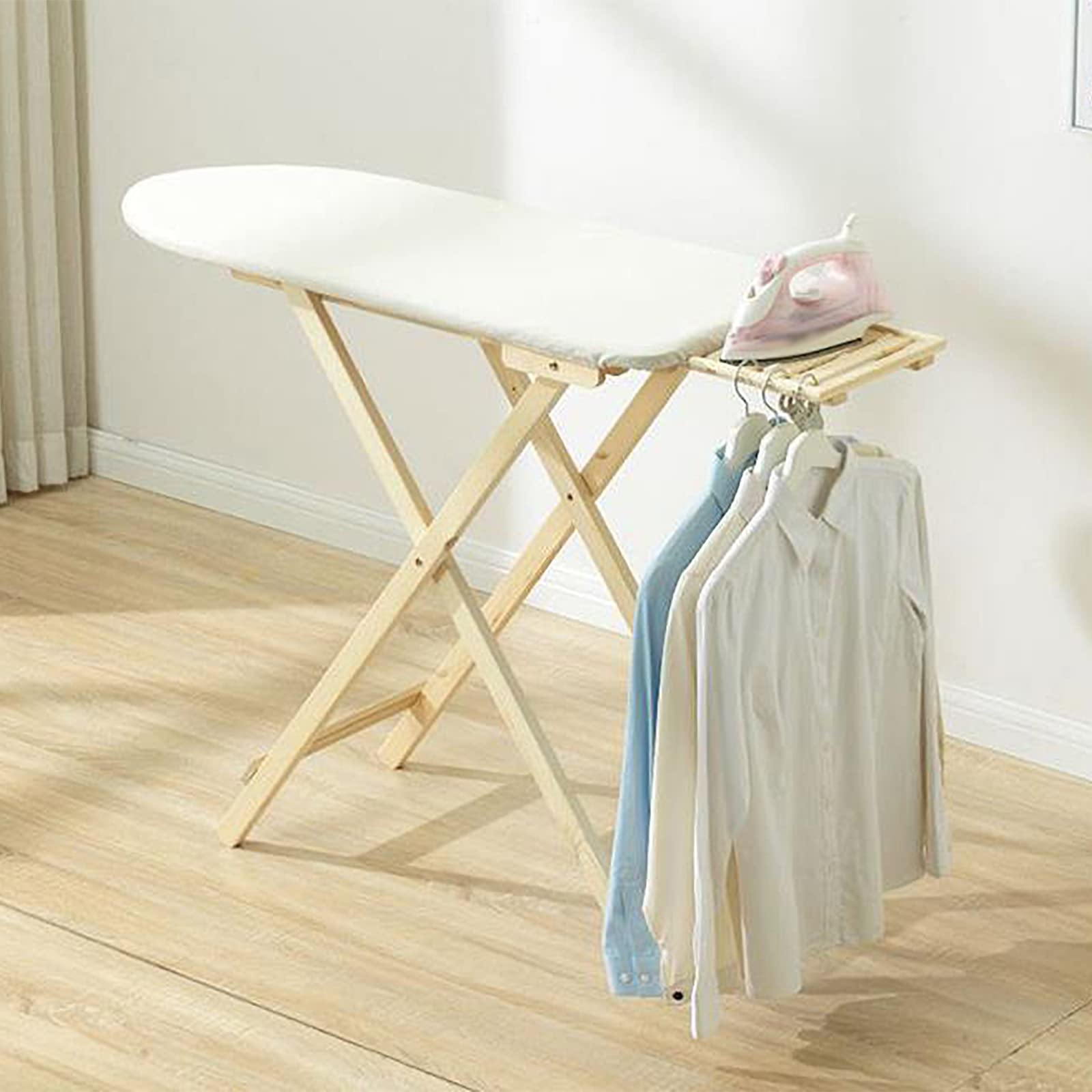 Ironing Board, Folding Detachable Solid Wooden Ironing Board with Temporary Placement of Wooden Hangers, 3 Levels Adjustable Height, for at Home Apartment Laundry Room Small Spaces