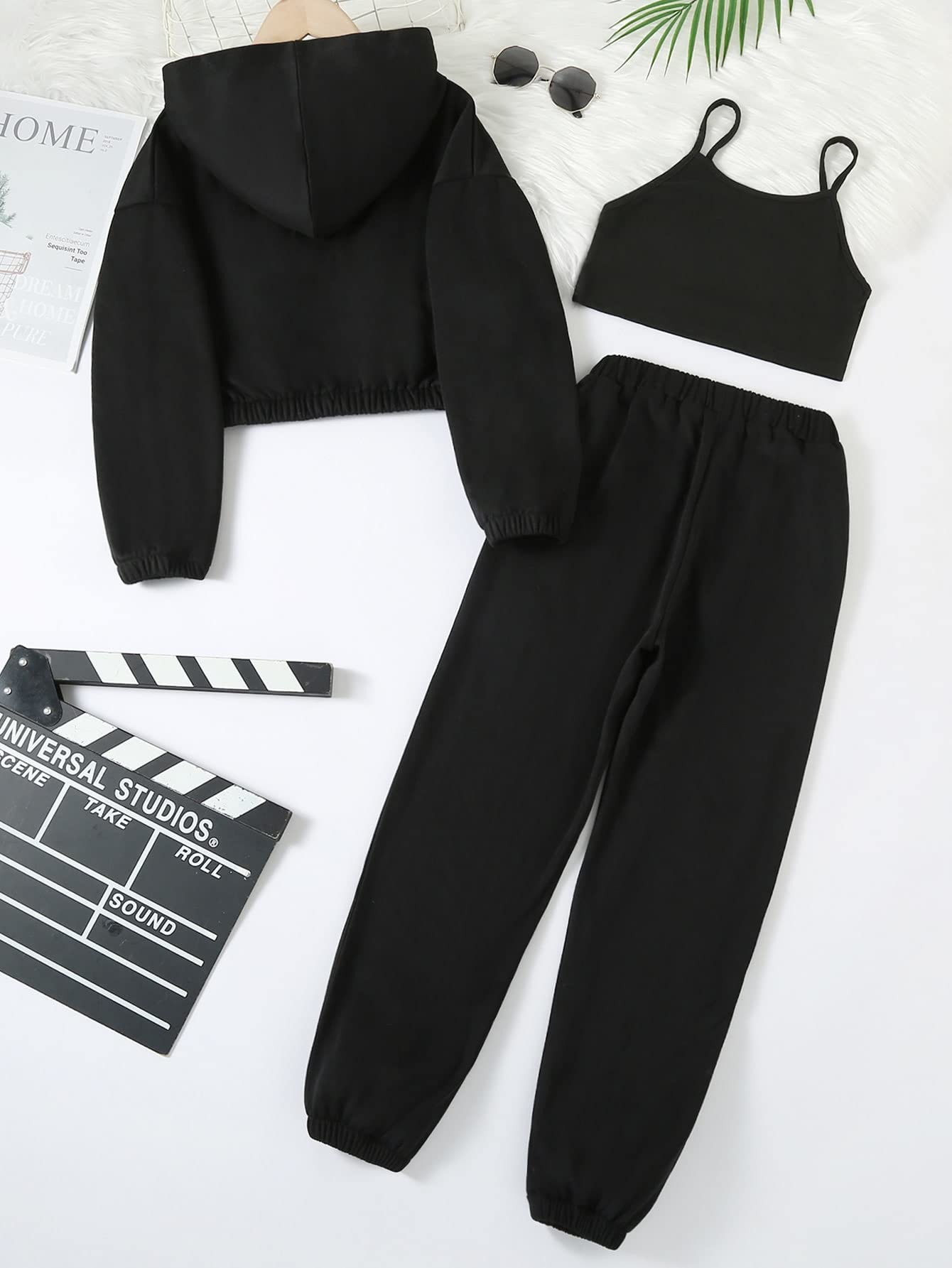 Floerns Girls Graphic Print Clothes Cami Top Sweatpants with Jacket 3 Piece Outfit Black 11-12Y
