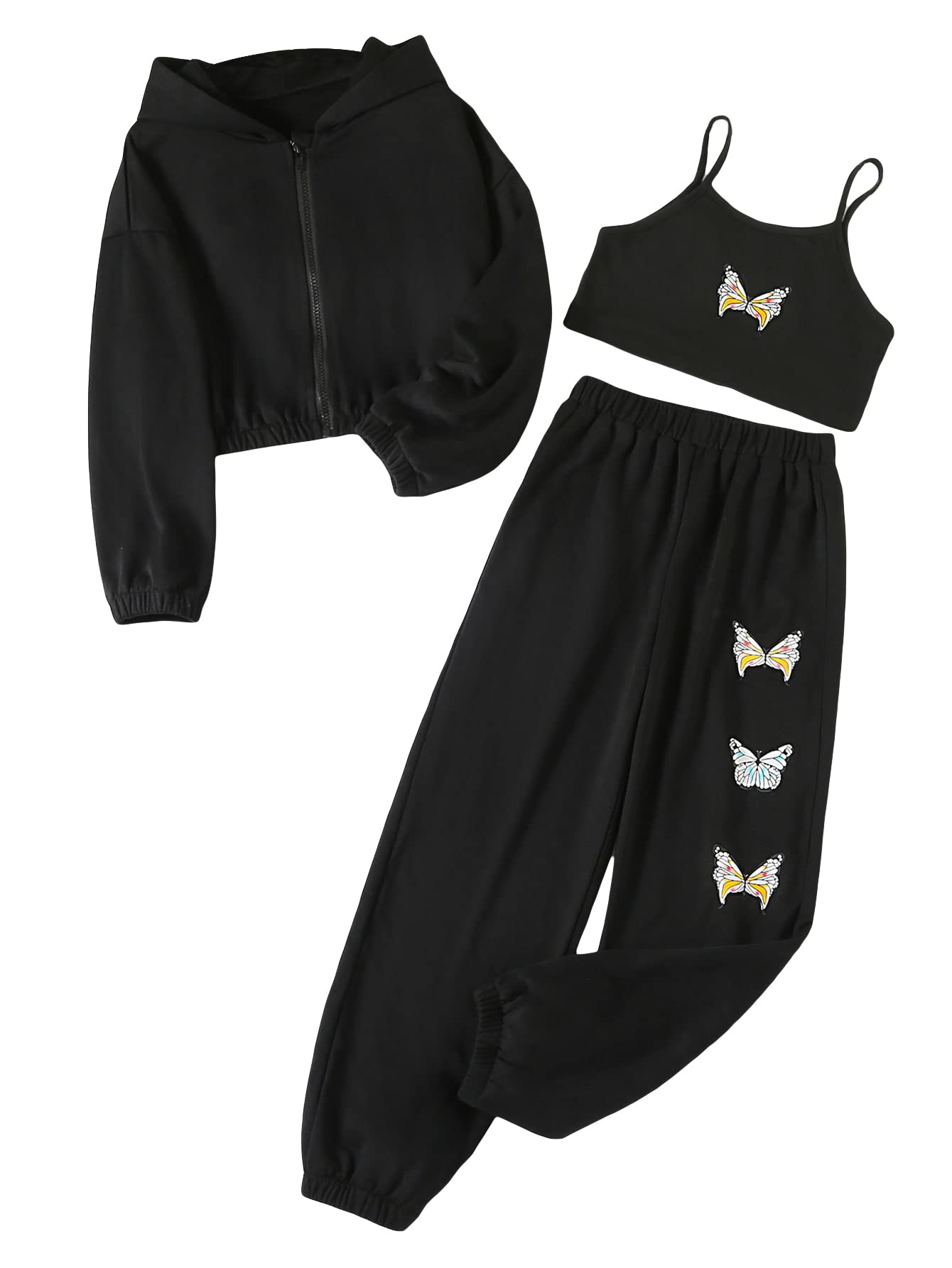 Floerns Girls Graphic Print Clothes Cami Top Sweatpants with Jacket 3 Piece Outfit Black 11-12Y