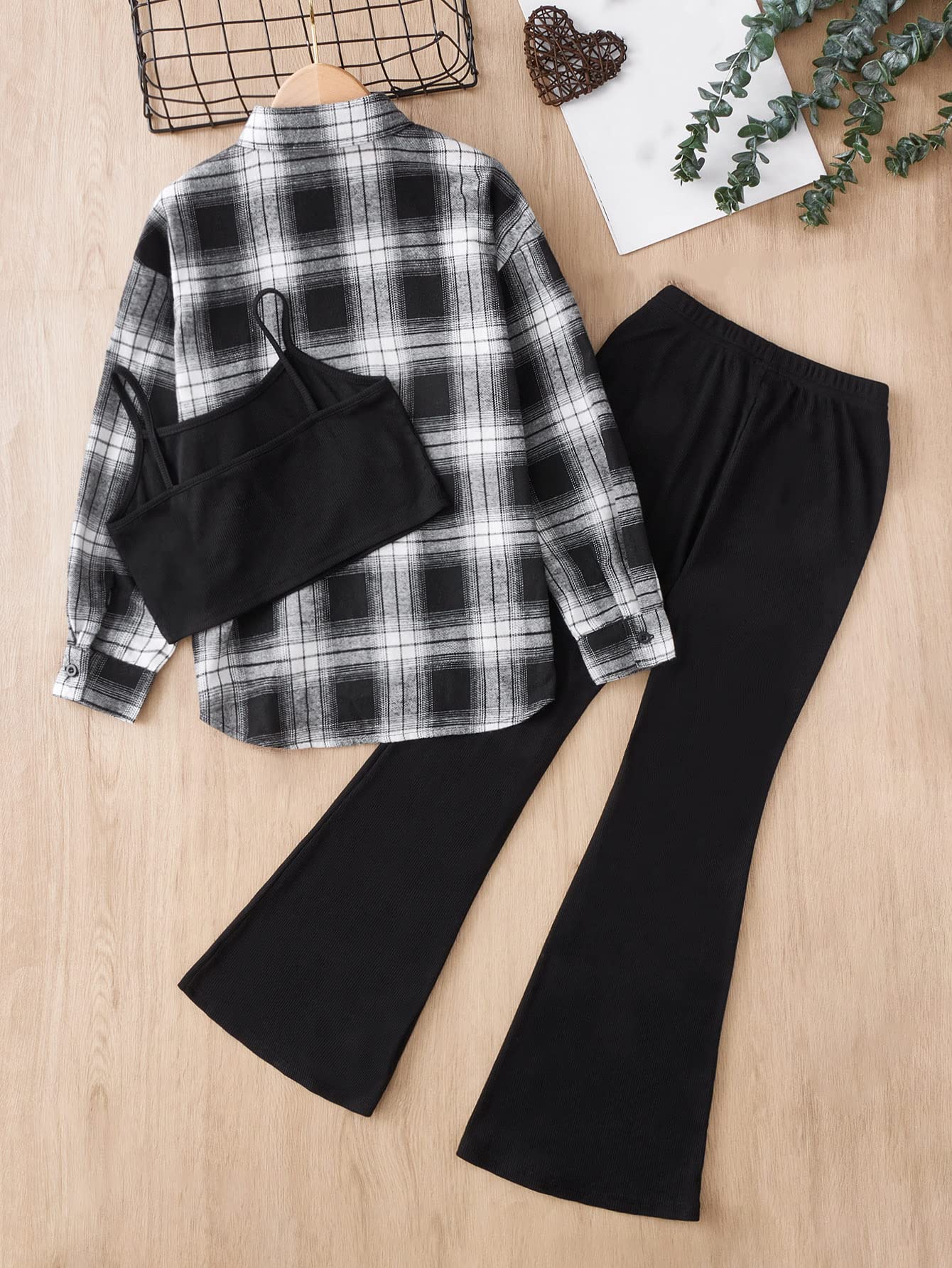 Floerns Girls 3 Piece Outfits Bell Bottom Outfit Cami Top and Flare Pants Set with Plaid Print Shirt Black and White 8Y