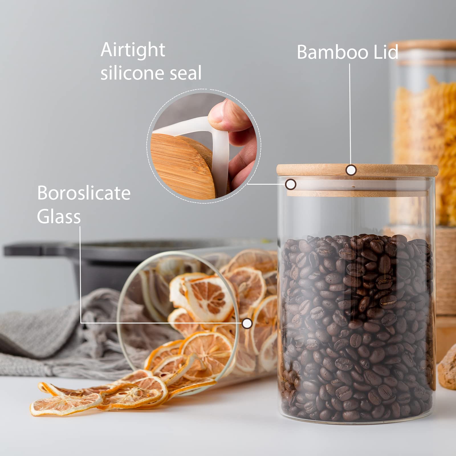 Claplante 6 Pack Glass Food Storage Containers Jars with Airtight Bamboo Lid, 30oz Pantry Organization Jar for Spice, Tea, Flour & Sugar Container, Canister Set for Kitchen Counter, Glass Terrarium