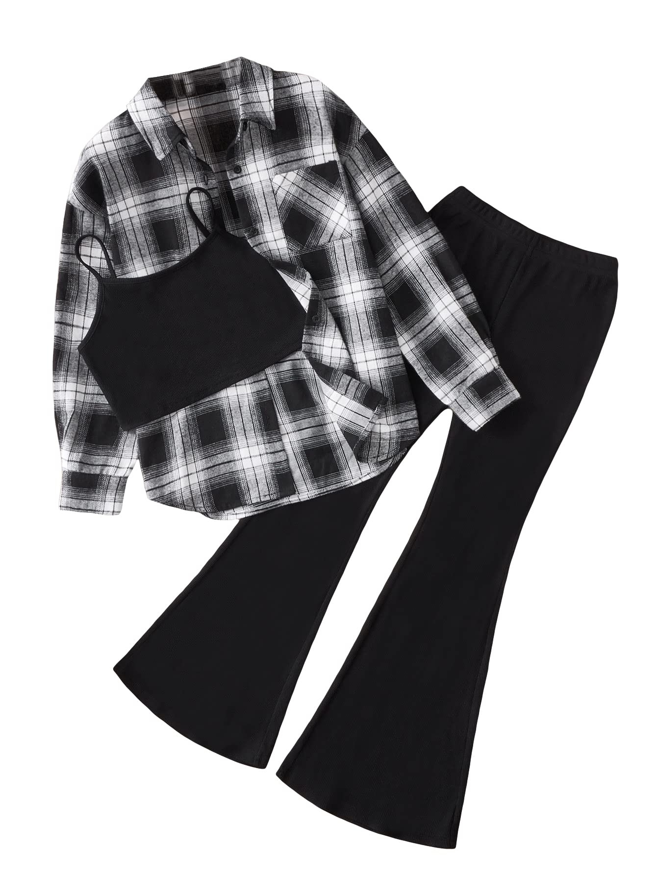 Floerns Girls 3 Piece Outfits Bell Bottom Outfit Cami Top and Flare Pants Set with Plaid Print Shirt Black and White 8Y
