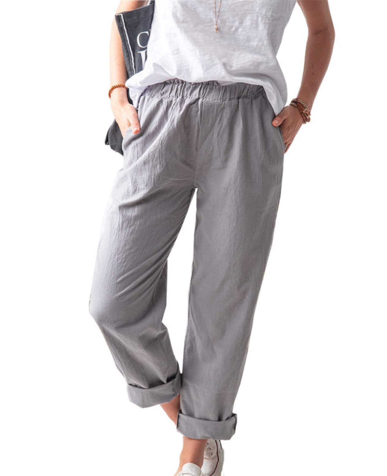 XUWNEI Women's Cotton Linen Pants Elastic High Waist Straight Palazzo Lounge Smocked Loose Trousers with for Ladies Pockets One Piece Grey XL