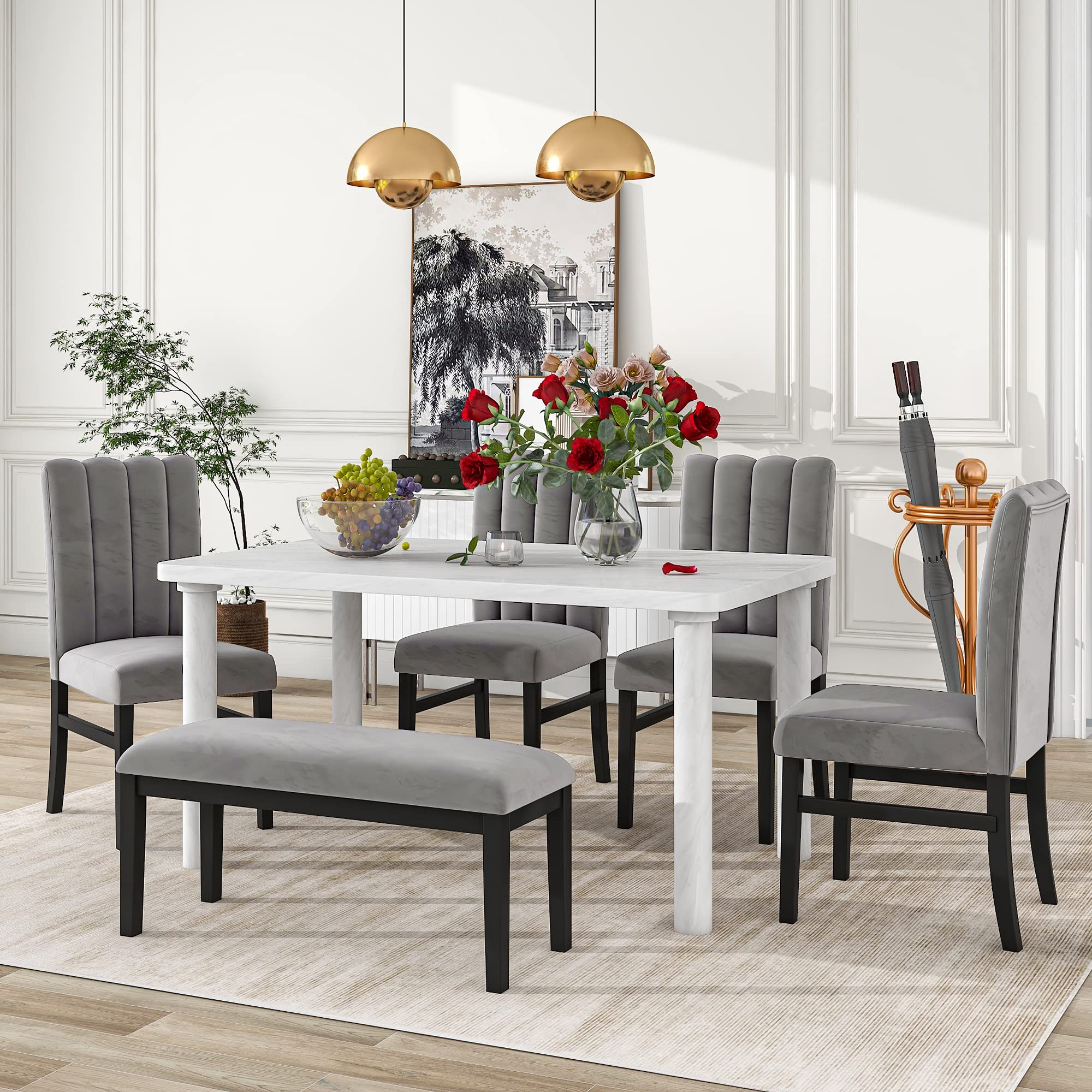 GLORHOME 6 Piece Dining Set, Modern Rectangular Marble Veneer Table and 4 Flannelette Upholstered Chairs 1 Bench for Family, Gray+Antique White