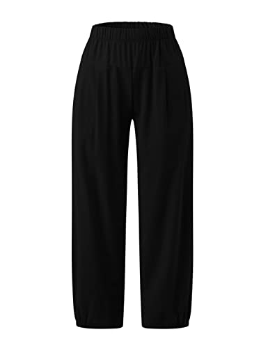 Bozanly Womens Summer Capri Pants Elastic Waist Cotton Linen Yoga Cropped Pants Trousers(0520-Black-XL)