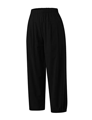 Bozanly Womens Summer Capri Pants Elastic Waist Cotton Linen Yoga Cropped Pants Trousers(0520-Black-XL)