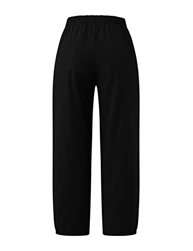 Bozanly Womens Summer Capri Pants Elastic Waist Cotton Linen Yoga Cropped Pants Trousers(0520-Black-XL)