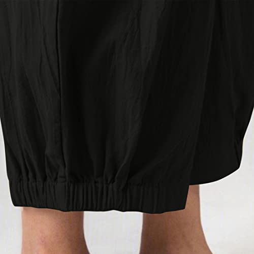 Bozanly Womens Summer Capri Pants Elastic Waist Cotton Linen Yoga Cropped Pants Trousers(0520-Black-XL)