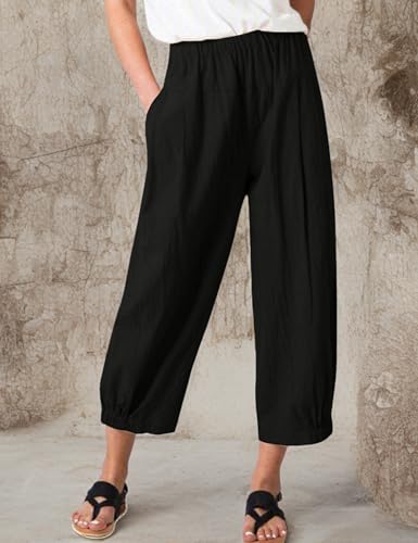 Bozanly Womens Summer Capri Pants Elastic Waist Cotton Linen Yoga Cropped Pants Trousers(0520-Black-XL)