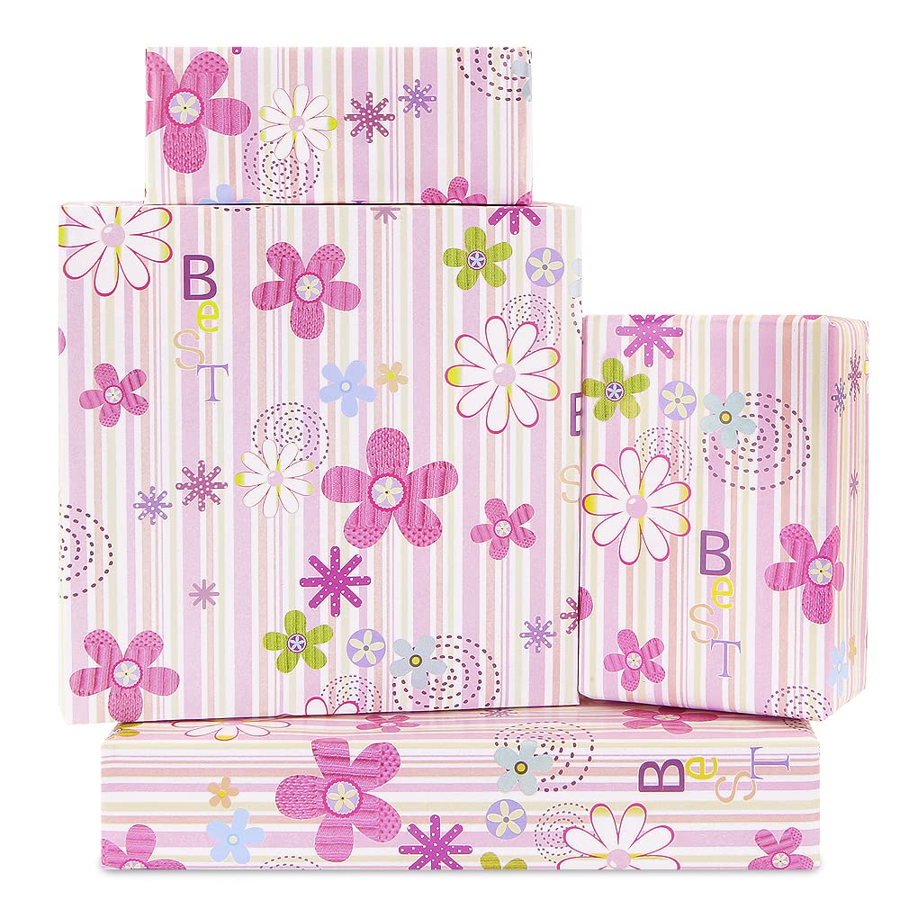 Little Flowers Floral Pink Wrapping Paper, Colorful Dasiy Flowers Print On The Striped Gift Wrap 4 Sheets For Kids Girls Boys Princess Wrapping Paper - Birthday Baby Shower Wedding Mother's Day and