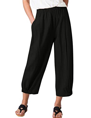 Bozanly Womens Summer Capri Pants Elastic Waist Cotton Linen Yoga Cropped Pants Trousers(0520-Black-XL)