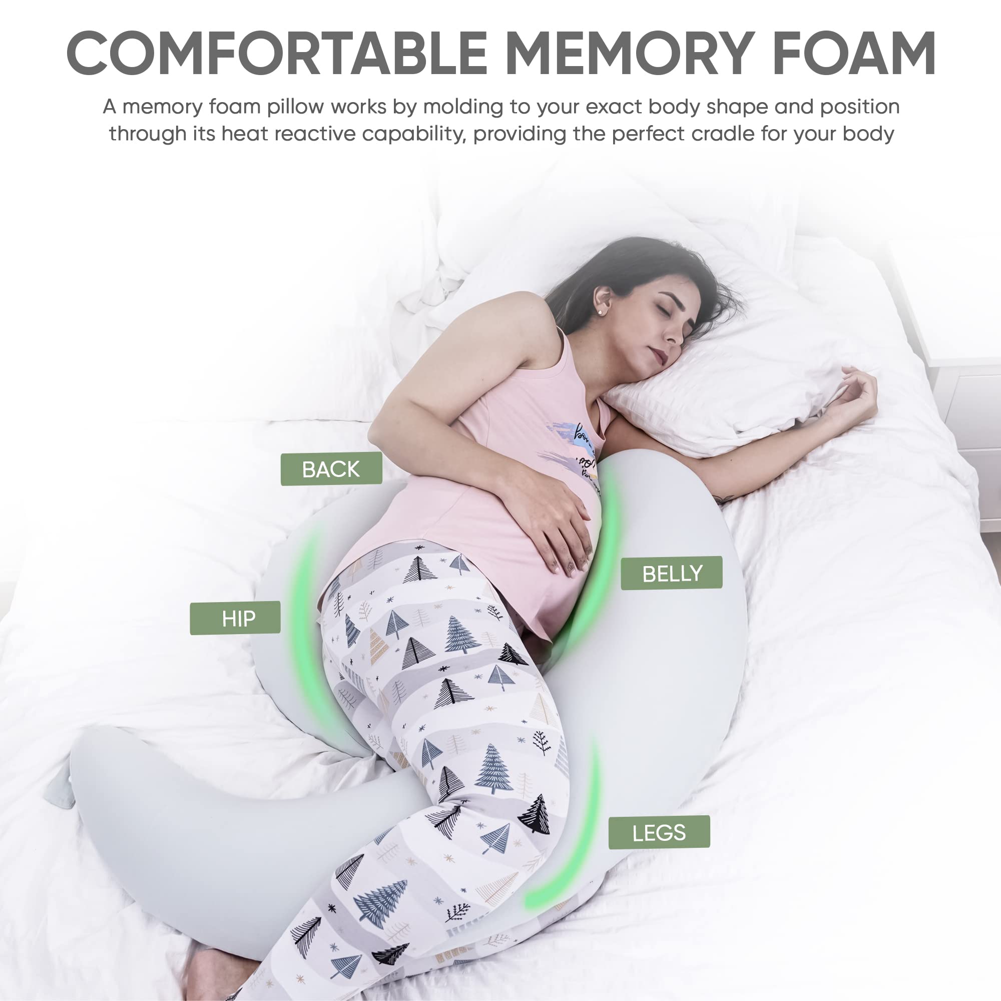 LILLY LA VIE Memory Foam Pregnancy Pillows for Sleeping, Side Sleeper Body Pillow - GOTS Certified 100% Organic Cotton Cover, Wedge Pillow - Support Back, Hips, Legs, Belly - Pregnancy Must Haves (Aqua Haze)