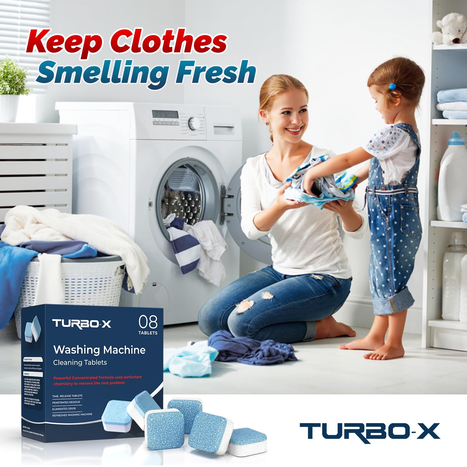 Turbo-x Washer Machine Cleaner Tablets, 8 ct., Advanced Descaling and Odor Eliminator, Concentrated Time Release Formula, Top and Front Load Appliances