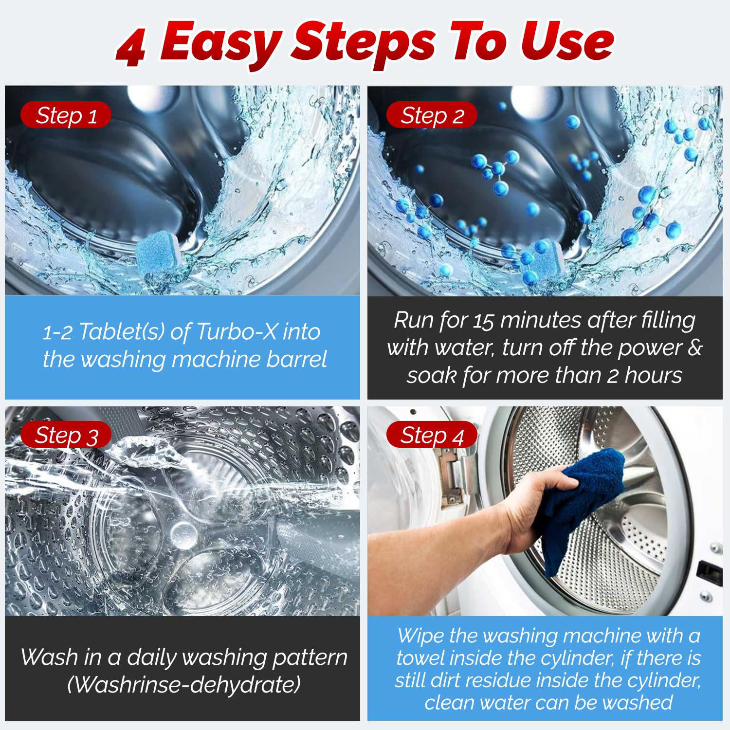 Turbo-x Washer Machine Cleaner Tablets, 8 ct., Advanced Descaling and Odor Eliminator, Concentrated Time Release Formula, Top and Front Load Appliances