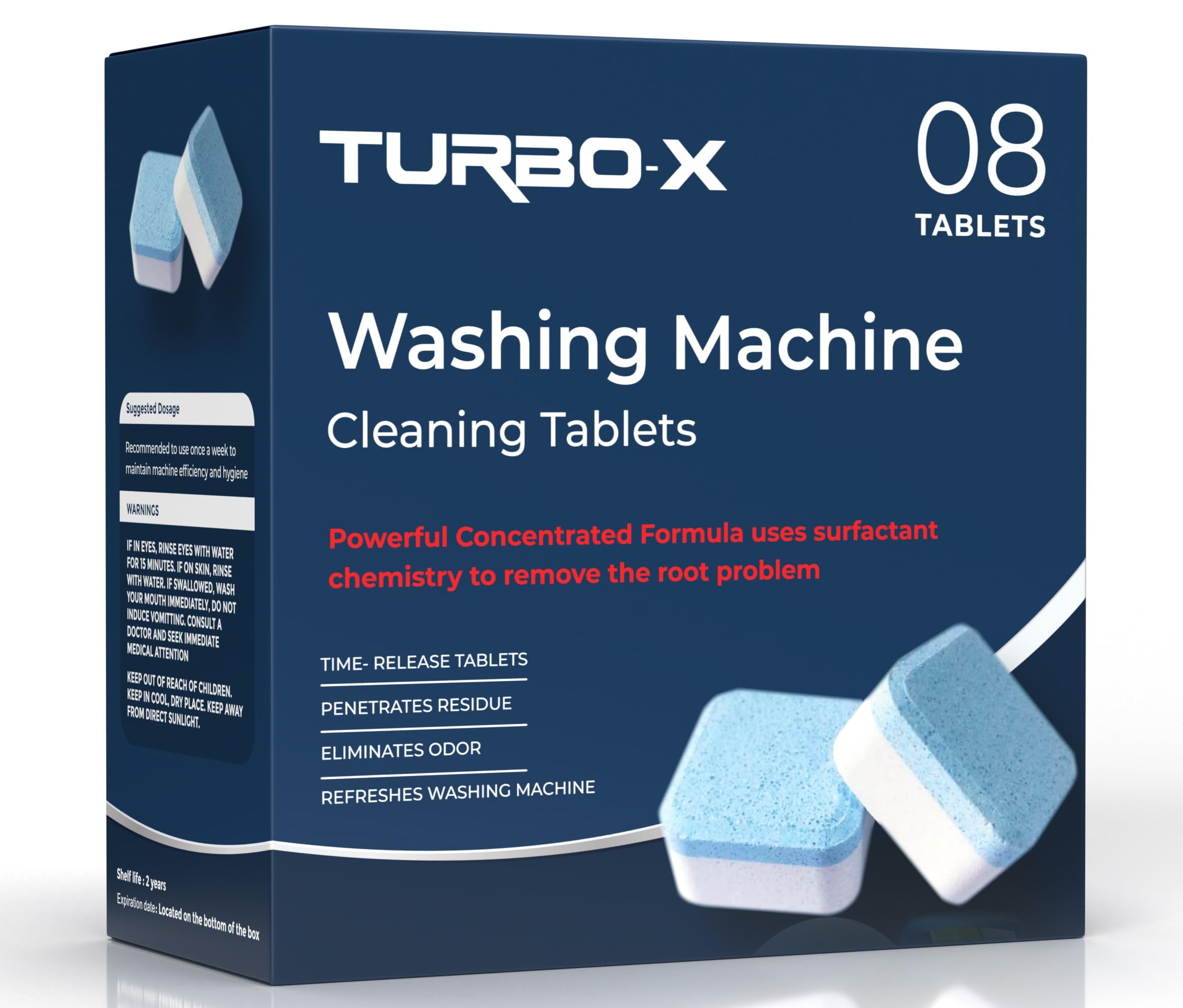 Turbo-x Washer Machine Cleaner Tablets, 8 ct., Advanced Descaling and Odor Eliminator, Concentrated Time Release Formula, Top and Front Load Appliances